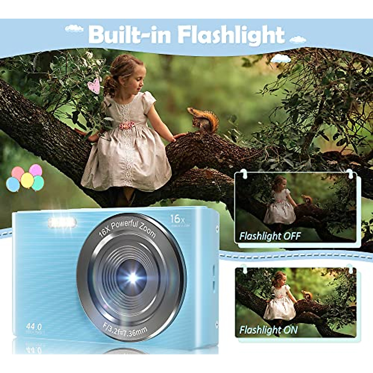 UIKICON Digital Camera, FHD 4K 44MP Kids Camera Video Camera with 32GB SD Card 16X Digital Zoom, Compact Point and Shoot Camera Portable Small Camera for Teens Students Boys Girls-Light Blue
