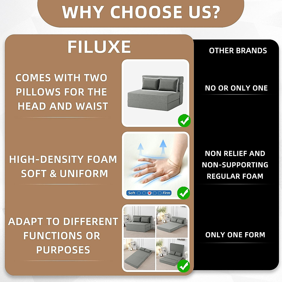 FILUXE Convertible Folding Sofa Bed - Sleeper Chair with Pillow, Modern Linen Fabric Floor & Futon Couch, Foldable Mattress for Living Room/Dorm/Guest/Home Office/Apartment, Standard Size, Light Gray