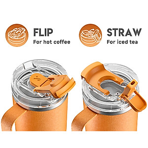 Meoky 14oz Insulated Coffee Mug with Lid and Handle, 100% Leak Proof Stainless Steel Coffee Cup with Tritan Lid, Double Wall Vacuum Coffee Tumbler with Handle (Peach)