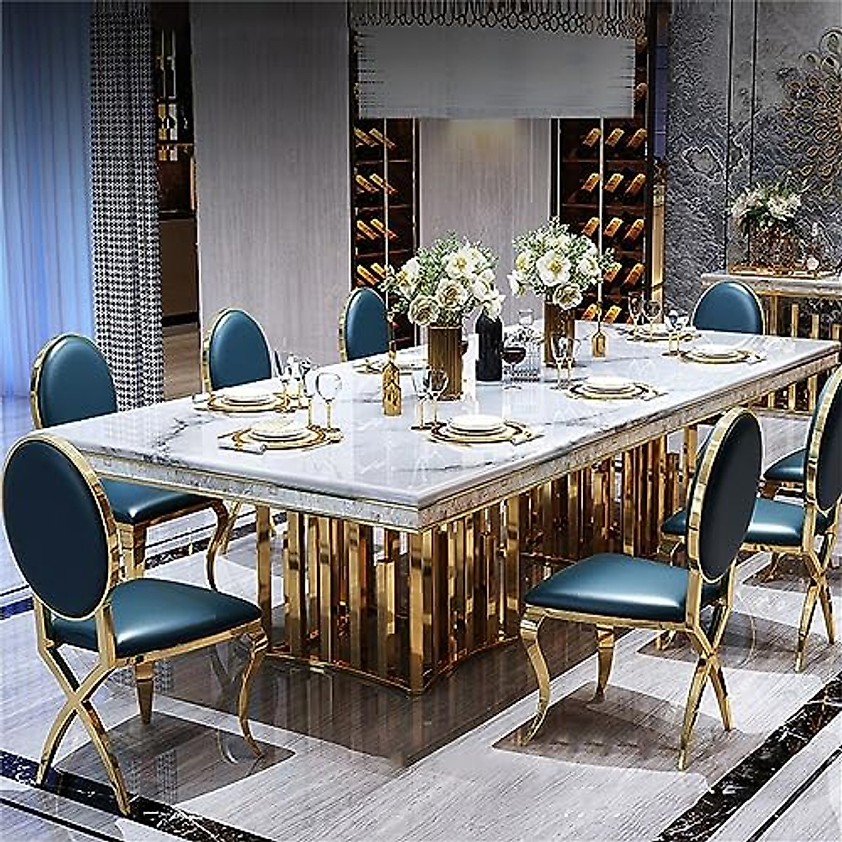LAKIQ Luxury Style Marble Dining Table Modern Rectangle Kitchen Dining Room Table Gold Metal Pedestal Table-Table Only-Without Chairs (White,63" L x 35.4" W x 29.5" H)