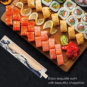 40 Pairs Disposable Chopsticks with Japan Hokusai Designed Origami Paper Rest, Individually Wrapped Chopsticks for Asian Japanese Dishes, Sushi Ramen (Great Wave)