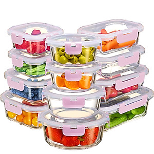 FineDine 24 Piece Glass Storage Containers with Lids - Leak Proof, Dishwasher Safe Glass Food Storage Containers for Meal Prep or Leftovers, Pink