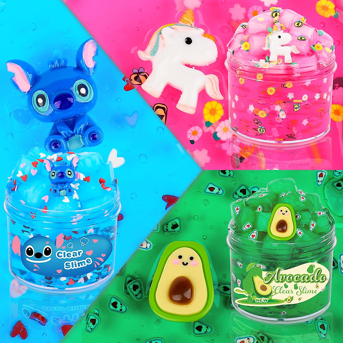 3 Pack Jelly Cube Crunchy Clear Slime Kit Blue Water Slime Pink Heart Add Ins, DIY Crystal Slime Set Avocado Green Pink Bubble Slime for Girls Boys, Kids Stocking Stuffers Toys Birthday Party Favors