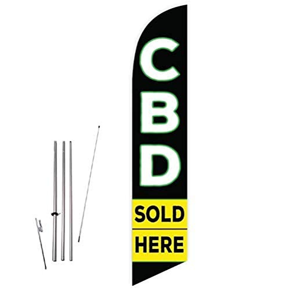 Cobb Promo CBD Sold Here (Black/Yellow) Feather Flag with Complete 15ft Pole kit and Ground Spike