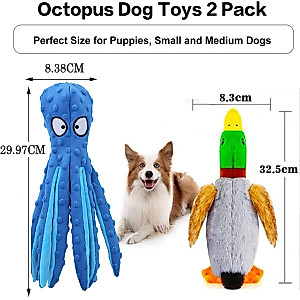 OKVSKO Dog Squeaky Toys Plush Chew Toy Crinkle No Stuffing Octopus Stuffed Duck Pet Interactive Toy Durable with Squeaker for Puppies, Small, Medium, and Large Dogs 2 Pack