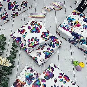 Dtiafu Dog Wrapping Paper - Colorful Paw Wrapping Paper for Boys Girls Kids Birthday Baby Shower Holiday - 20 X 28inch Per Sheet(8 Sheet Folded Flat)