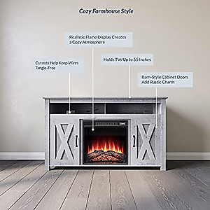 BELLEZE Modern 48 Inch Barn Door Wood TV Stand with 18 Inch Electric Fireplace & Media Entertainment Center Console Table for TV up to 50 Inch with Two Open Shelves and Cabinets - Corin (Light Gray)