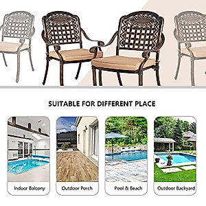 OKIDA 2 Piece Outdoor Dining Chairs, Cast Aluminum Chairs with Armrest, Patio Bistro Chair Set of 2 for Garden, Backyard (Mesh Design with Khaki Cushion)