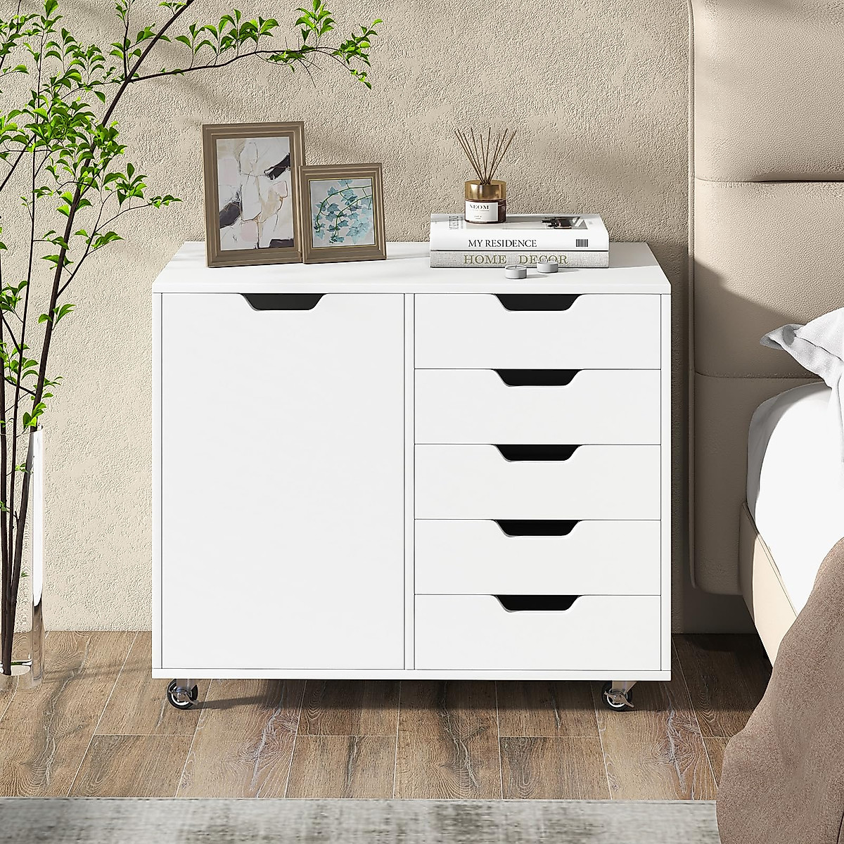 IFANNY Modern File Cabinet, White Lateral Filing Cabinet 5 Drawer with Universal Wheels, Wood Printer Stand with Storage, Rolling File Cabinets for Home Office, Living Dining Room, Bedroom, Kitchen