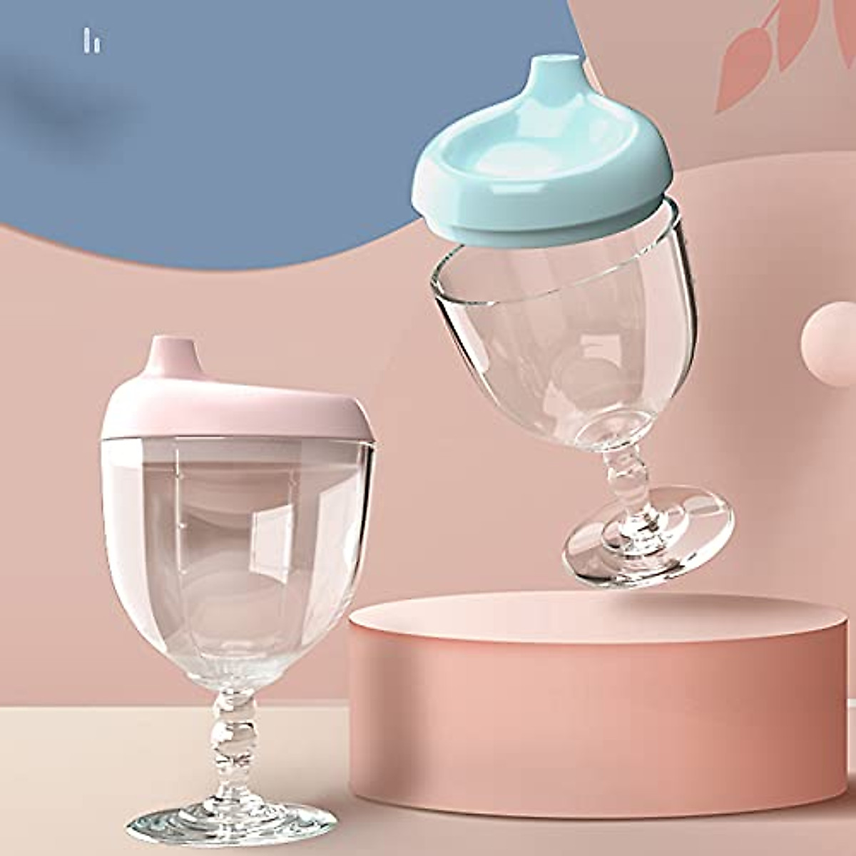 kaiwern Plastic Goblet Cup, Baby Sippy Cup Wine Glass, Beverage Mug Milk Bottle with Lid for Kids on Birthday Party or Celebration (Pink)
