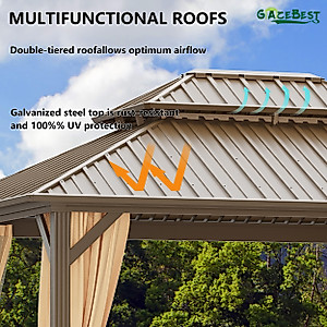 GAZEBEST 10x12 ft Hardtop Gazebo Outdoor Aluminum Patio Gazebo Double Roof Galvanized Steel Canopy with Netting and Curtains for Garden, Backyard, Deck and Lawns.