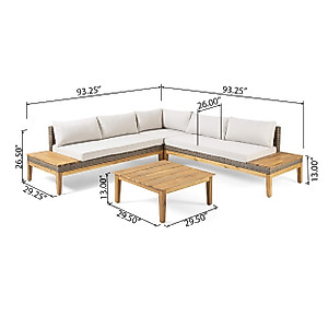 GDFStudio Outdoor Acacia Wood and Wicker 5 Seater Sectional Sofa Set with Water-Resistant Cushions, Teak and Light Khaki