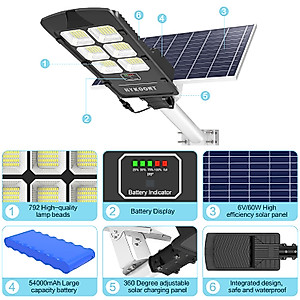 HYKOONT Solar Street Light, 1200W Solar Street Lights Outdoor Dusk to Dawn Motion Sensor IP66 Waterproof 6500K Super Bright Solar Powered Lighting for Parking Lot, Garage, Street