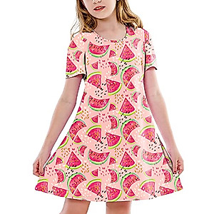 Summer Watermelon Dress Girl Short Sleeve Tshirt Dresses Tropical Pink Midi Flare Dress 11-12 Years