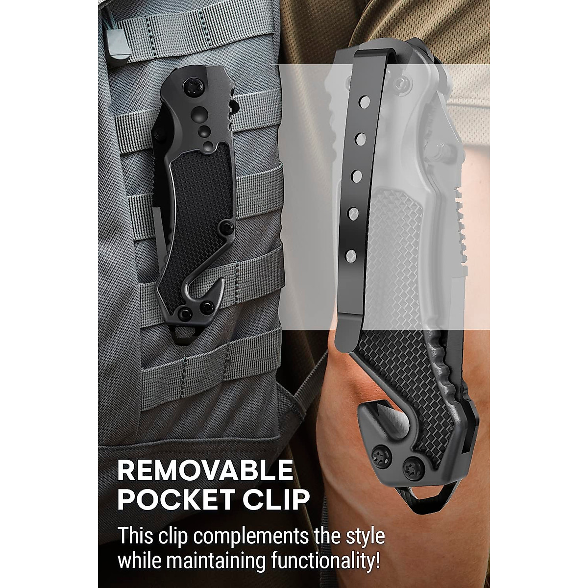 Bundle of 2 Items - 2,95” Serrated Blade Pocket Knife - Black Folding Knife with Glass Breaker and Seatbelt Cutter - Small EDC Knife - Dull Not-Sharp Blade - Skeleton Dull Trick Butterfly Knifes