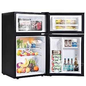 Merax, Black Mini Fridge with Freezer, 3.2Cu.Ft Compact Refrigerator with Two Reversible Doors for Office, Dorm or Bedroom, Adjustable Mechanical Thermostat, 18.9''L x 19.69''W x 32.68''H