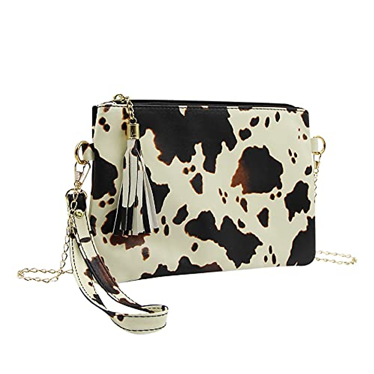 JUMISEE Women Cow Print Wristlet Clutch Purse Fashion Tassel Crossbody Bag with Chain Strap