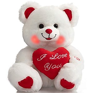 HollyHOME Teddy Bear with Heart Plush Bear That Says I Love You and Blushes LED Stuffed Toys for Girlfriend and Kids Valentine's Day 13 inch White