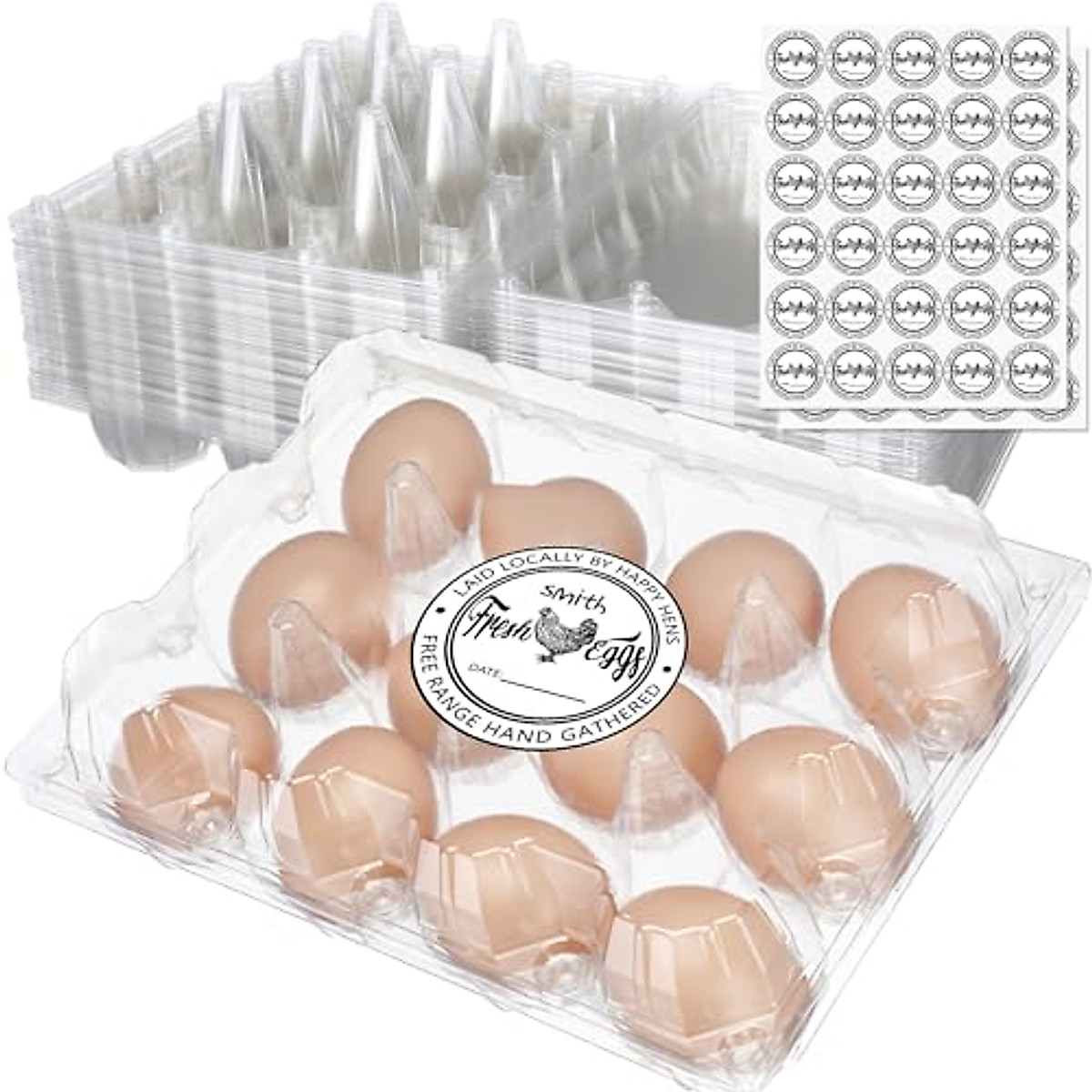 Zhanmai Plastic Egg Cartons for 12 Eggs with Sticker Labels Extra Large Duck Egg Tray Reusable Egg Container with Egg Carton Stickers Plastic Egg Holder for Refrigerator Family Market(120 Pcs)