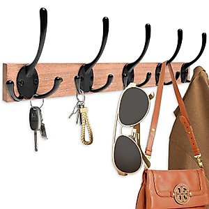 Coat Rack Wall Mounted, Entryway Wall Clothes Rack Hooks with 5 Heavy Duty Metal Three Hooks, Wooden Coat Hooks Wall Mount with 2 Mounting Types for Hanging Jacket, Backpack, Towel, Keyholder, Hats