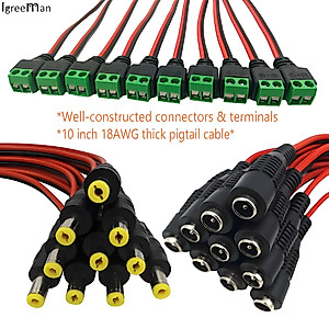 Igreeman 10 Pair Quick-Connect DC Power Pigtails - 18 AWG, 5A - Comes with Unique Terminal Jack Socket for Top-Notch Security Surveillance & Party Lighting - 2.1mm * 5.5mm Connectors