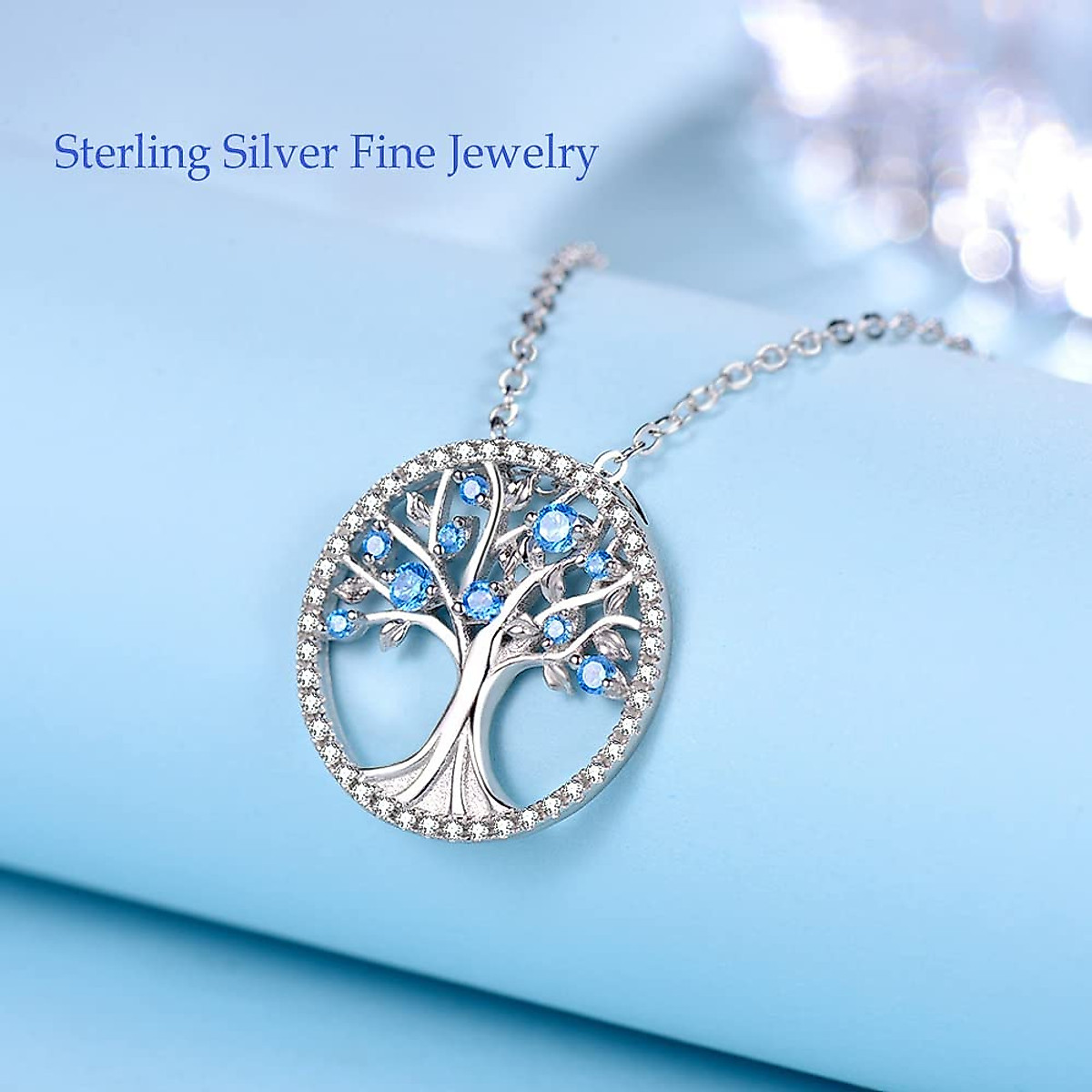 Birthday Gifts for Wife Mom Tree of Life Necklace March Birthstone Aquamarine Jewelry for Her Sterling Silver Necklace
