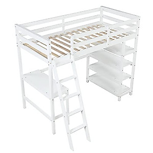 HZHOME Twin Size Loft Bed with Desk and Shelves, Wood LoftBed Frame with Ladder and High Guardrail, for Kids Teens Bedroom Dorm, White