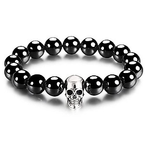 Skullis 0.7" 925 Sterling Silver Carved Skull & Black Obsidian Beads Bracelet, Crystal Healing. (M, Fit wrist size: (171-186) mm)