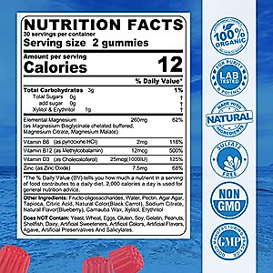 Sugar Free Magnesium Gummies, Triple Magnesium Supplement | Magnesium Glycinate, Malate, Citrate w/ D3 B6 B12, 260mg Chelated for High Absorption, for Calm, Sleep, Mood & Muscle Cramp, Vegan, 2 Pack