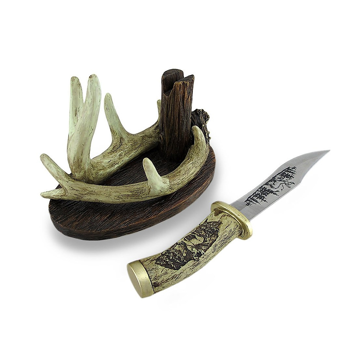 Carved Look Handle Decorative Deer Knife w/Antler Display Stand