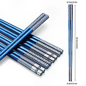 TIICOO Metal Chopsticks Reusable 18/8 Stainless Steel Chopsticks Laser Engraved Premium Titanium Chop Sticks Dishwasher Safe Lightweight Japanese Korean Chopsticks 5 Pairs Gift Set (Blue)