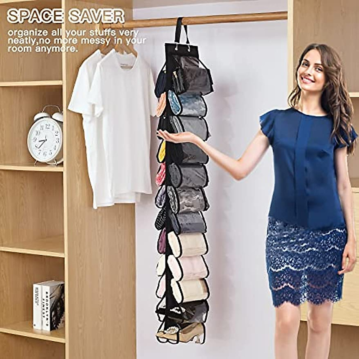 Legging Storage Bag Storage Hanger Can Holds 24 Leggings or T-shirt Shirts Jeans Compartment Storage Hanger, Foldable Leggings Organizer Clothes Portable Closets Roll Holder (Black)