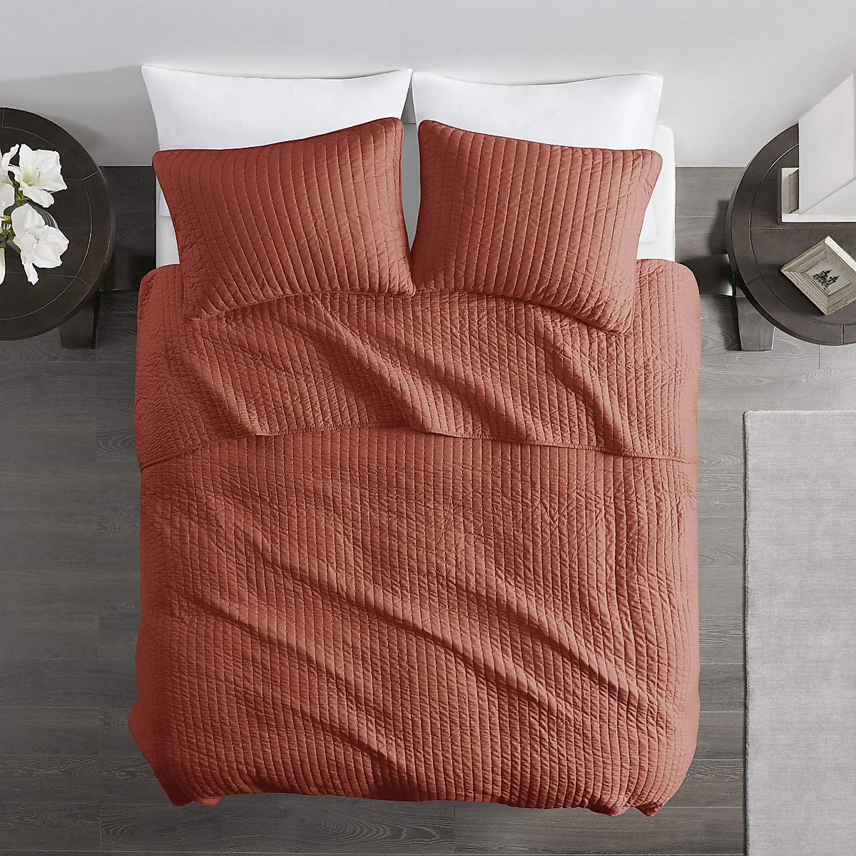 Madison Park Keaton Quilt Set-Casual Channel Stitching Design All Season, Lightweight Coverlet Bedspread Bedding, Shams, Full/Queen(90"x90"), Stripe Spice 3 Piece