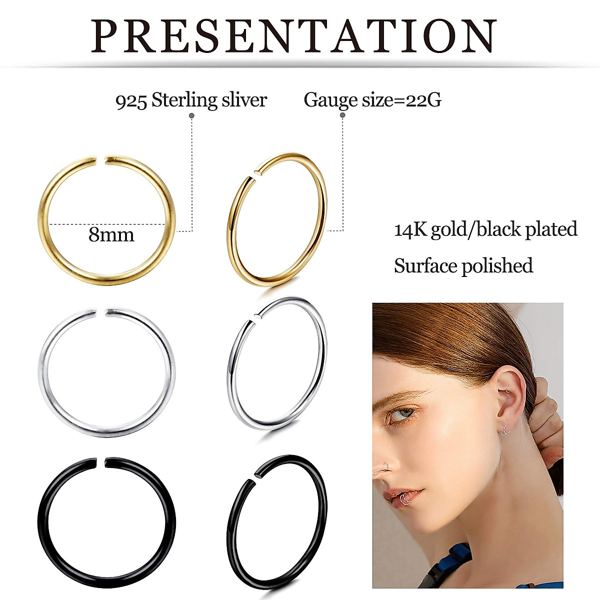 Sllaiss 6Pcs Sterling Silver 22G Nose Ring Hoop 8MM Cartilage Earrings 14K White Gold Black Plated Labret Conch Piercing Jewelry