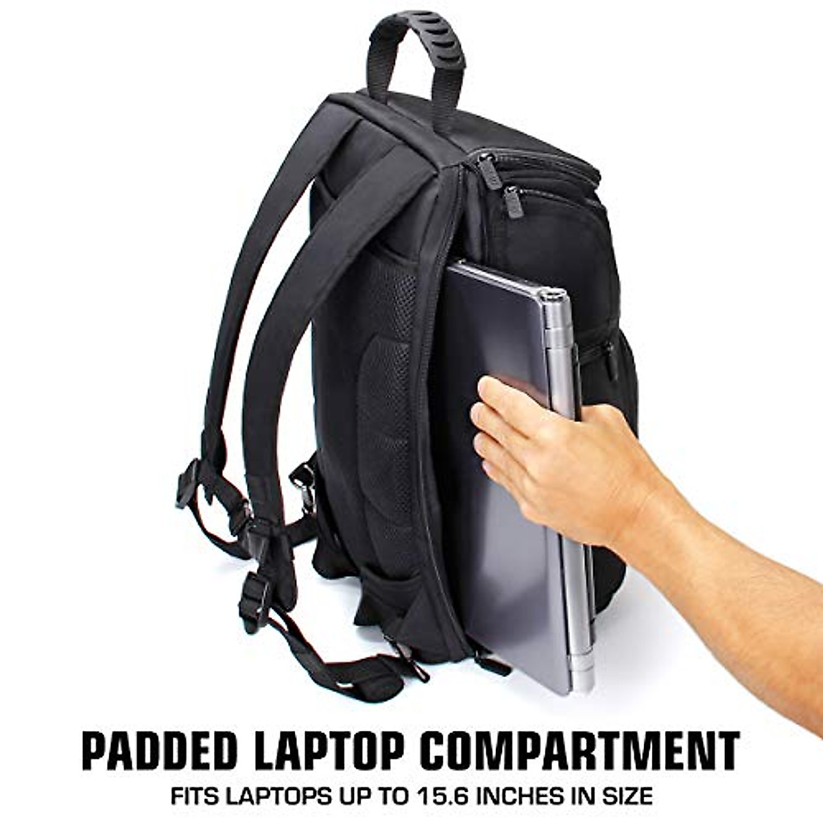 USA GEAR DSLR Camera Backpack Case - 15.6 inch Laptop Compartment, Padded Custom Dividers, Tripod Holder, Rain Cover, Long-Lasting Durability and Storage Pockets - Compatible with Many DSLRs (Black)