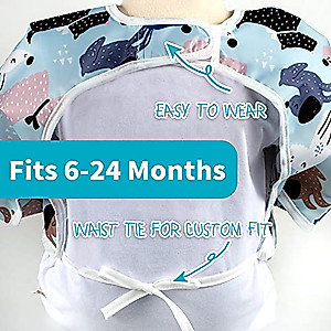 Hiverst 3 Pcs Long Sleeved Bib Set | Baby Waterproof Bibs with Pocket Bundle | Toddler Bib with Sleeves and Crumb Catcher | Stain and Odor Resistance Play Smock Apron | 6-24 Months