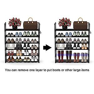 Hsscblet 6 Tiers Metal Shoe Rack,Adjustable Shoe Shelf Storage Organizer with Versatile Hooks,Stackable Boot & Shoe Storage,for Entryway,Hallway,Living Room,Closet,Black