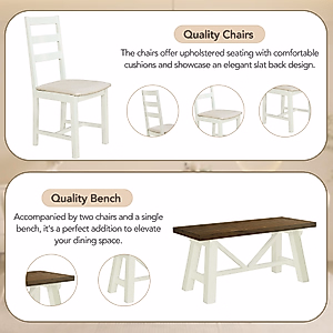 Bellemave Farmhouse 4-Piece Dining Table Set, Solid Wood Kitchen Table Set with 2 Cushions Chairs and Bench, Dining Table Set for Home Kitchen Dining Room Furniture（Acasia Brown+Butter Milk）