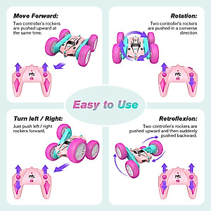 Remote Control Car, Hand Remote RC Cars, 90 Min Playtime, 2.4Ghz Double Sided 360° Rotating RC Crawler with Lights, 4WD Off Road Drift RC Stunt Race Car Gift Toy for Boys and Girls Aged 6-12 Pink