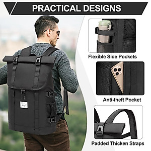 Kasqo Laptop Backpack for Men, 17 Inch Rolltop Large Capacity Water Resistant Travel Casual Daypack, Black