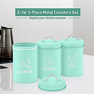 E-far Canister Sets for Kitchen Counter, 3-Piece Metal Tea Coffee Sugar Canister with Airtight Lid for Food Storage, Farmhouse Style & Small Size (6.1” x 4”)-Turquoise