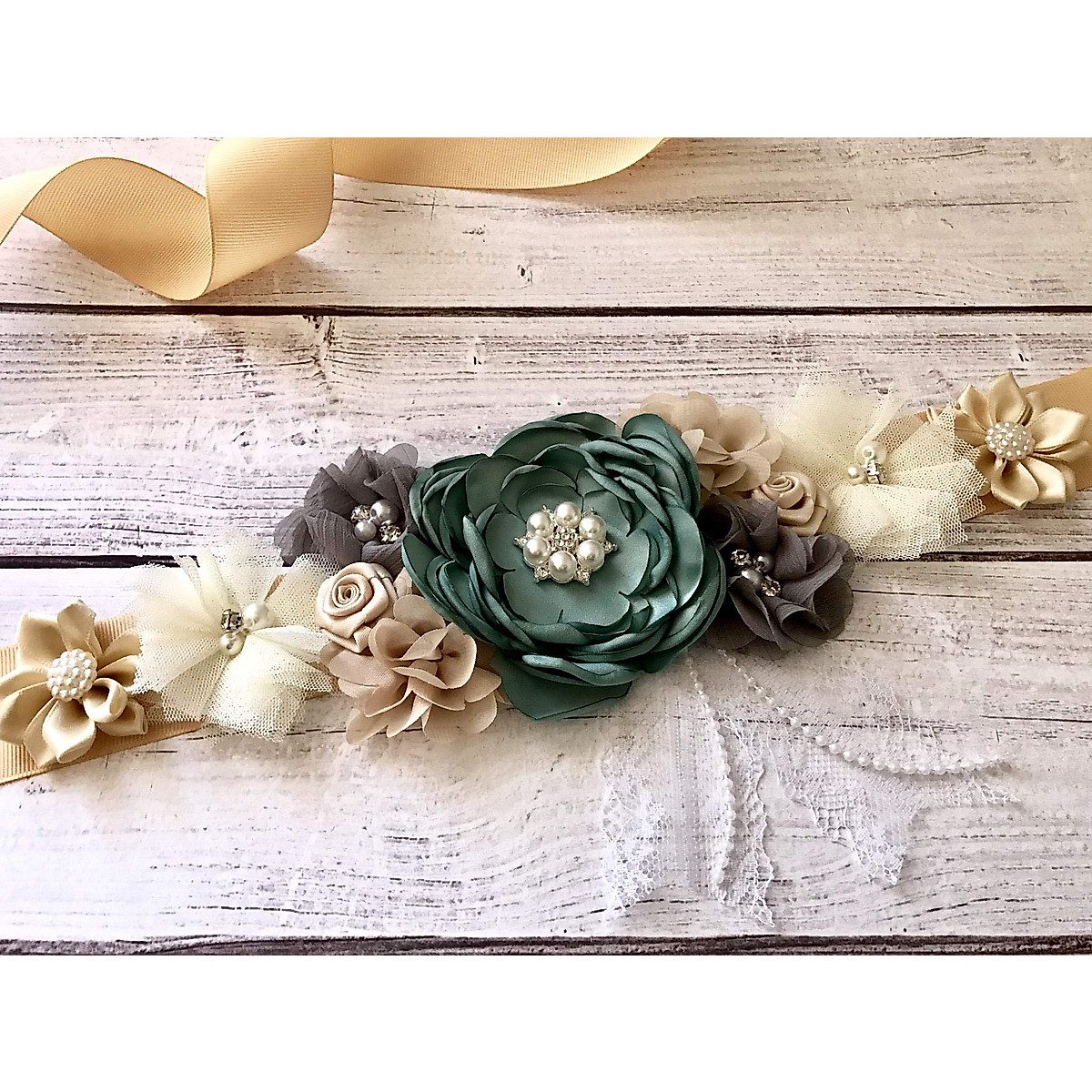 Sage Forest Green Flower Belt Sash Bridal Maternity Belly Band Brown Gray Flowers Baby Shower Gender Reveal Keepsake Gift