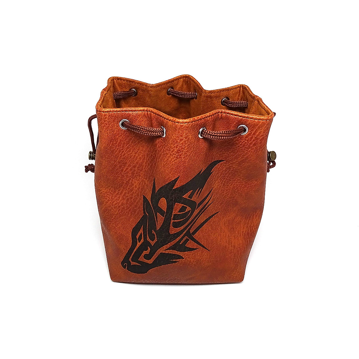 Brown Leather Lite Large Dice Bag with Wolf Design - Brown Faux Leather Exterior with Lined Interior - Stands Up on its Own and Holds 400 16mm Polyhedral Dice