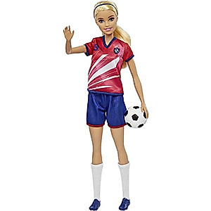 Barbie Soccer Fashion Doll with Blonde Ponytail, Colorful #9 Uniform, Cleats & Tall Socks, Soccer Ball 11.5 inches