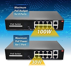 8 Port PoE Switch with 2 Uplink, 802.3af/at PoE+ 100Mbps, 100W Built-in Power, Extend to 250 Meter, Metal Plug & Play, Unmanaged POE Switch