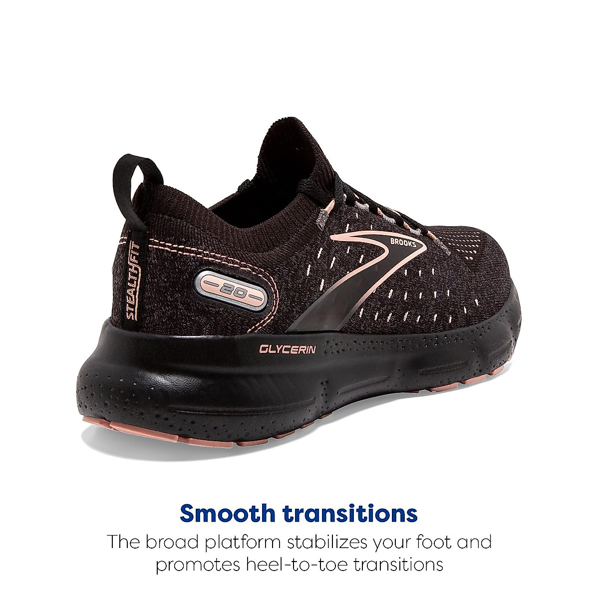 Brooks Women’s Glycerin StealthFit 20 Neutral Running Shoe - Black/Pearl/Peach - 8 Medium