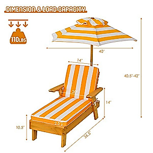 Costzon Kids Chaise Lounge, Wood Patio Chair w/Cushion & Umbrella, Detachable & Height Adjustable, Recliner for Beach Lawn Outdoor, Children Furniture Gift for Boy Girl 3-8 Year Old, Kids Beach Chair