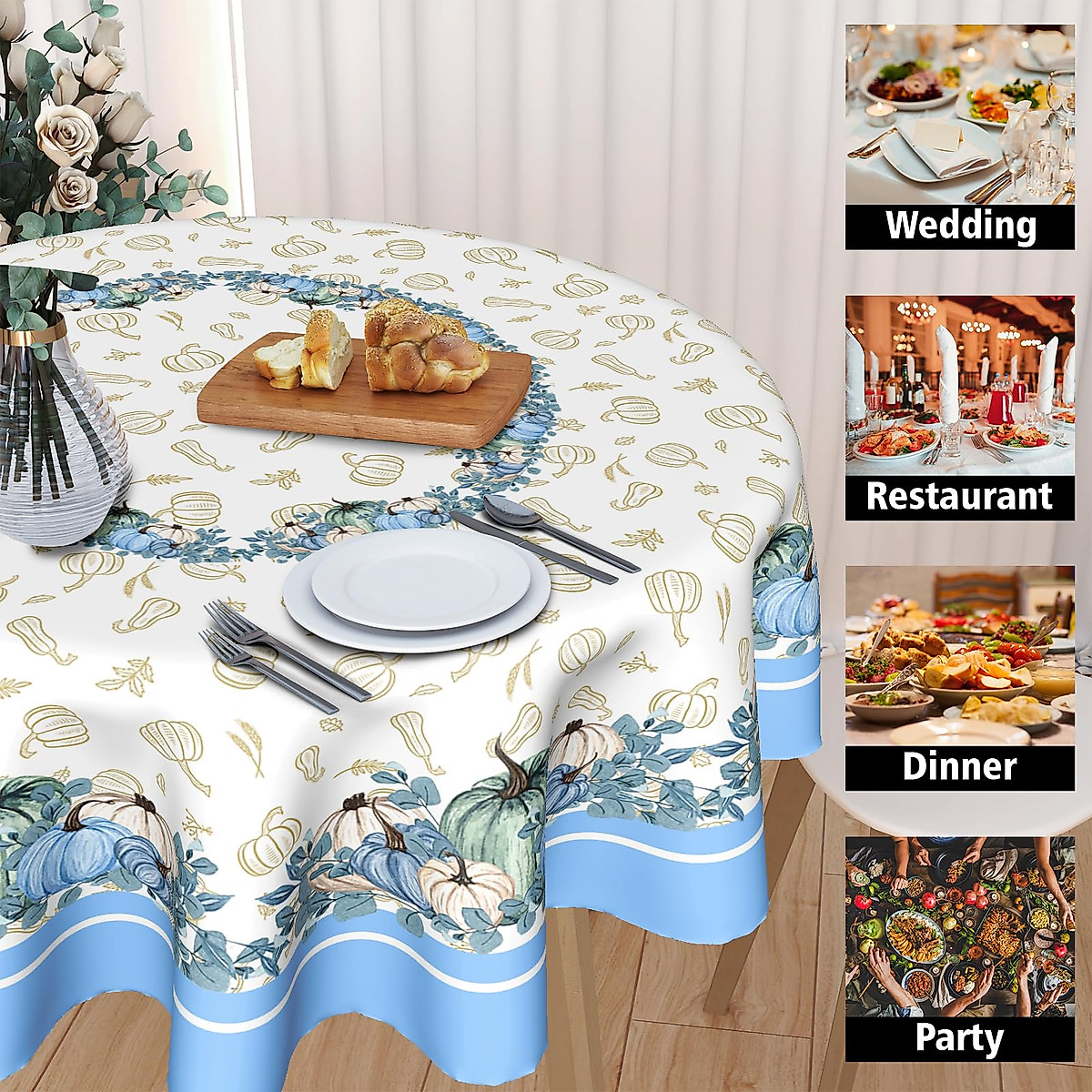 Miaoquhe Fall Blue Pumpkin Round Table Cloth 60 Inch Farmhouse Autumn Harvest Round Tablecloth Fall Thanksgiving Decorative Table Cloth Seasonal Dining Table Cover for Home Kitchen Picnic Party