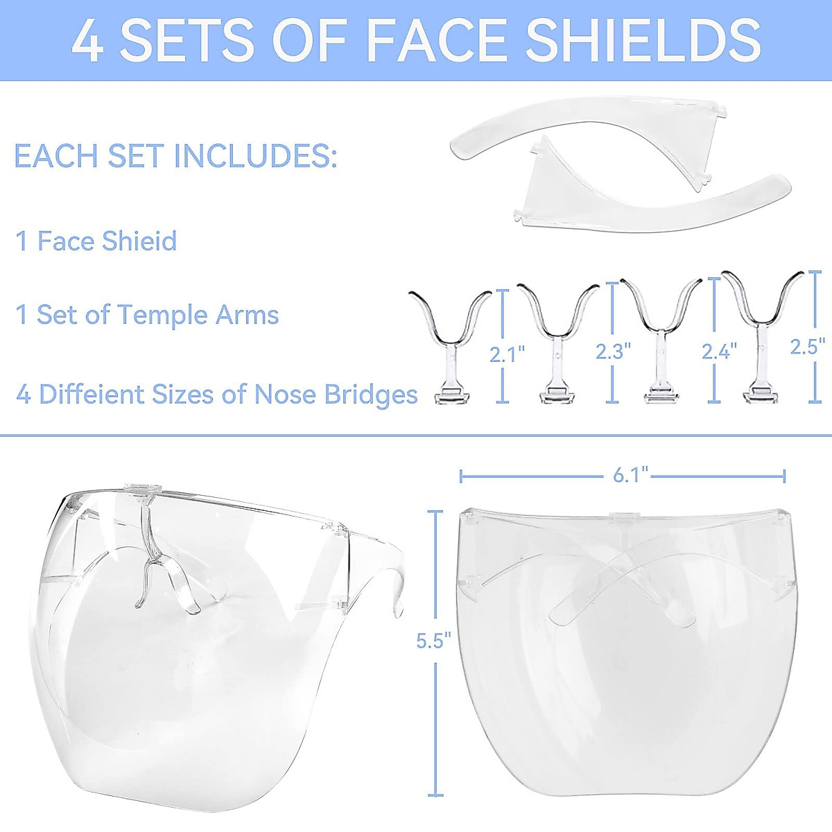 PICcircuit Face Shield with Glasses 4 Pack, Anti-Fog Clear Face Mask Full-Face Protection Reusable Breathable See Through Goggles for Adults