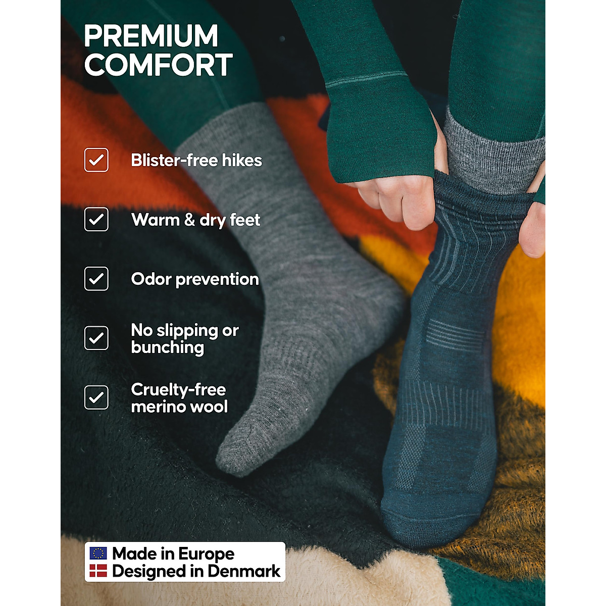 DANISH ENDURANCE Merino Wool Hiking Liner Socks, Thermal, Anti-Blister for Men and Women 2- Pack, Black, Medium